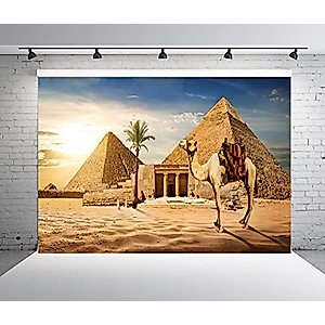 BELECO 9x6ft Fabric Egypt Pyramids Backdrop Photography Ancient Egyptian Pyramid Camel Backdrop Giza Desert Scene Coconut Tree Sunset Sky Scenery Room Decor Africa Desert Travel Portrait Photo Props