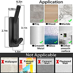 SCUNDA Adhesive Towel Hooks, Stainless Steel Robe Hook Stick on The Bathroom, Kitchen, Shower, Living Room-6 Pack/Matte Black/Heavy Duty