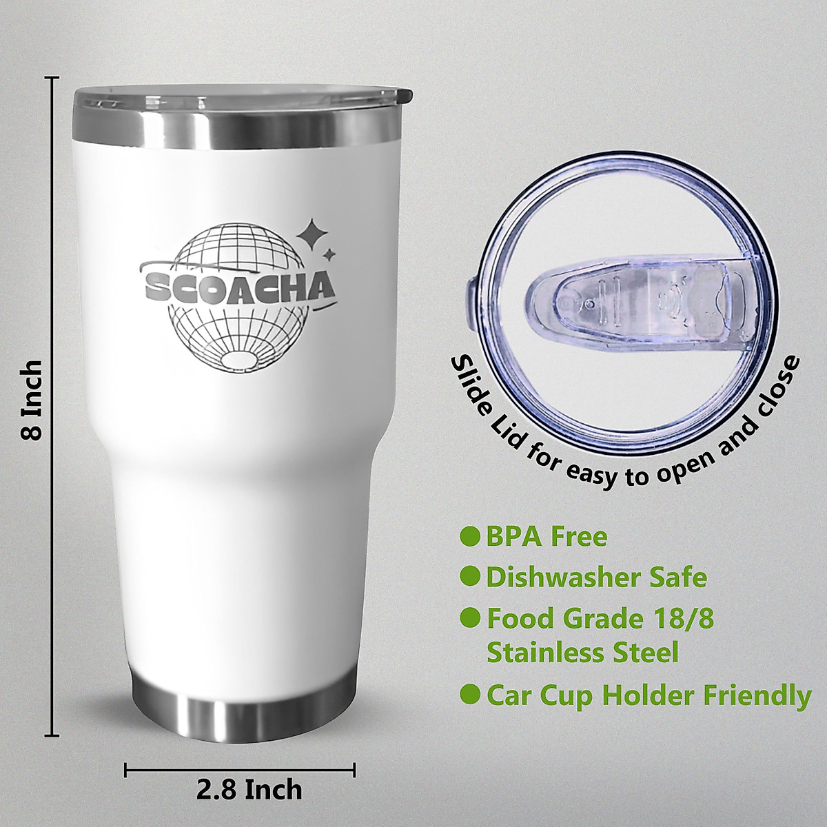 SCOACHA 30 oz Stainless Steel Double Wall Vacuum Insulated Travel Tumbler – Durable and Spill-Proof Lid – Perfect for On-the-Go, Work, and Outdoors. (White)