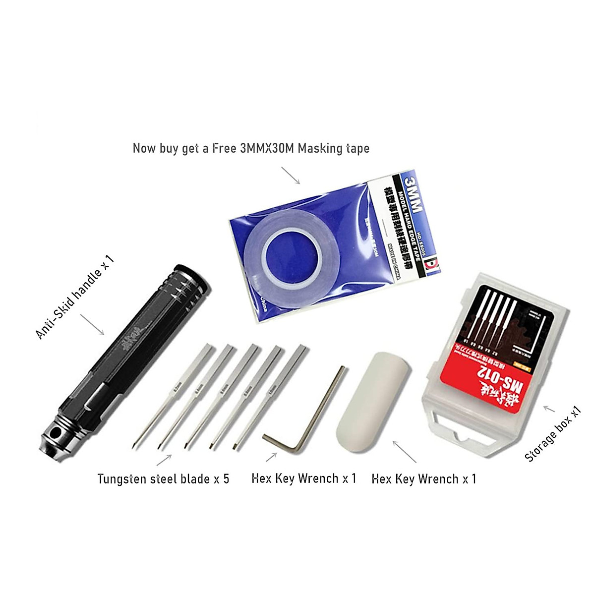 ANSAI Model Scriber Laser Mark Blades 0.2/0.4/0.6/0.8/1.0 mm with Rubber Cap + Carving Masking Tape 3mmx30m,Scribing line, For Engraved,Panel line,Resin GK, Gundam Model