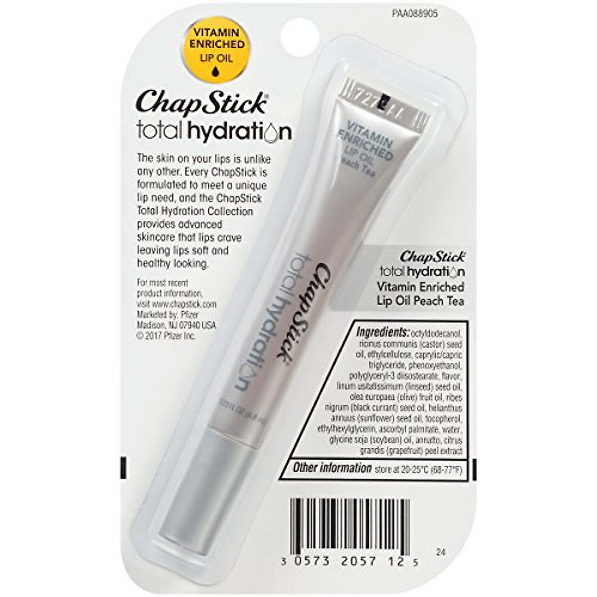 Chapstick Total Hydration Vitamin Enriched Lip Oil, Non Tinted, Vitamin c, vitamin E, Contains Omega 3 6 9, Peach Tea Flavor, 0.23 Fl Oz (Pack of 1)