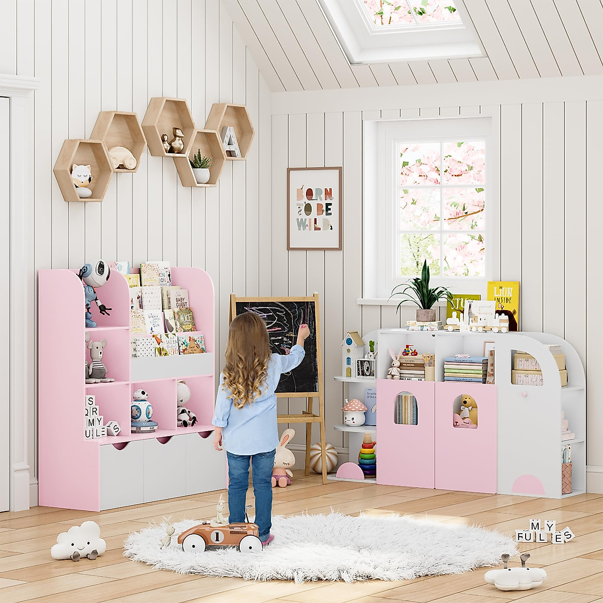 FOTOSOK Toy Storage Organizer with Truck Design, Kids Bookshelf with 12 Storage Cubbies and 2 Door, Toy Organizers and Storage for Playroom, Bedroom, School, Nursery, Pink and White
