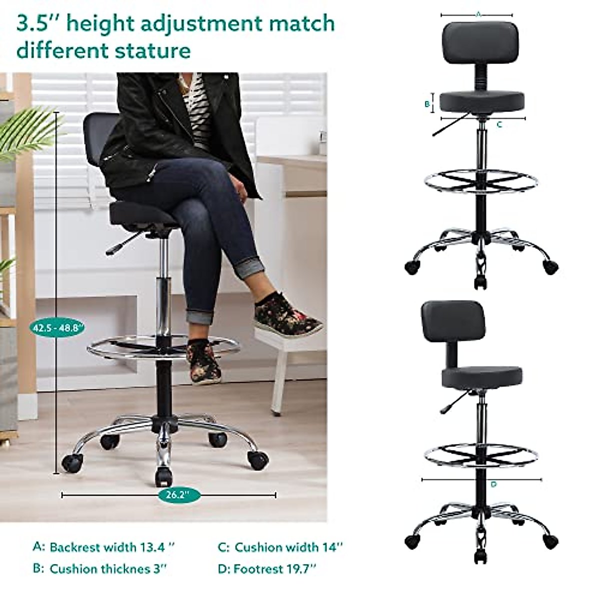 Venus Drafting Stool Chair, Rolling Stools with Wheels, Stools with Backs, Tall Adjustable Office Chair Workbench Stool with Back Support Adjustable Chair Work Stool with Chrome Footrest - Gray