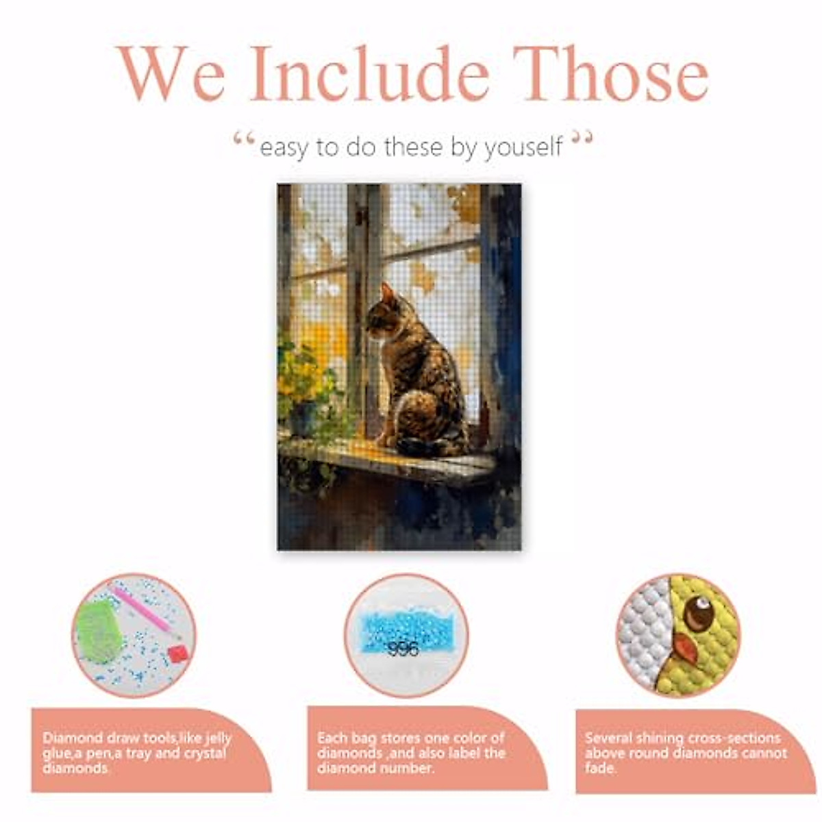 Diamond Painting Kit for Adults and Children-Cat on Window Sill Beginner DIY 5D Full Circle Gemstone Art-Suitable for Home Bedroom Wall Decoration (20x30inch)