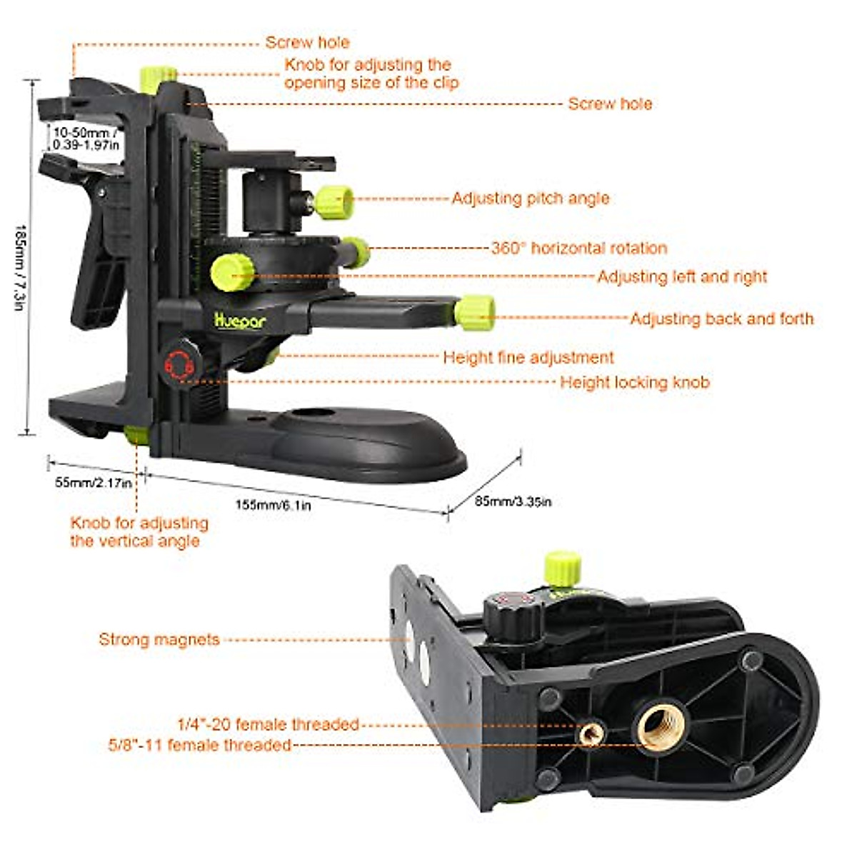 Huepar Fine-tuning Bracket Laser Level Adapter, Multifunctional Magnetic Pivoting Base with Adjustable Clip, 360° Adjustable Support with 1/4"-20 Male Threaded, Height Adjustment - PV10+