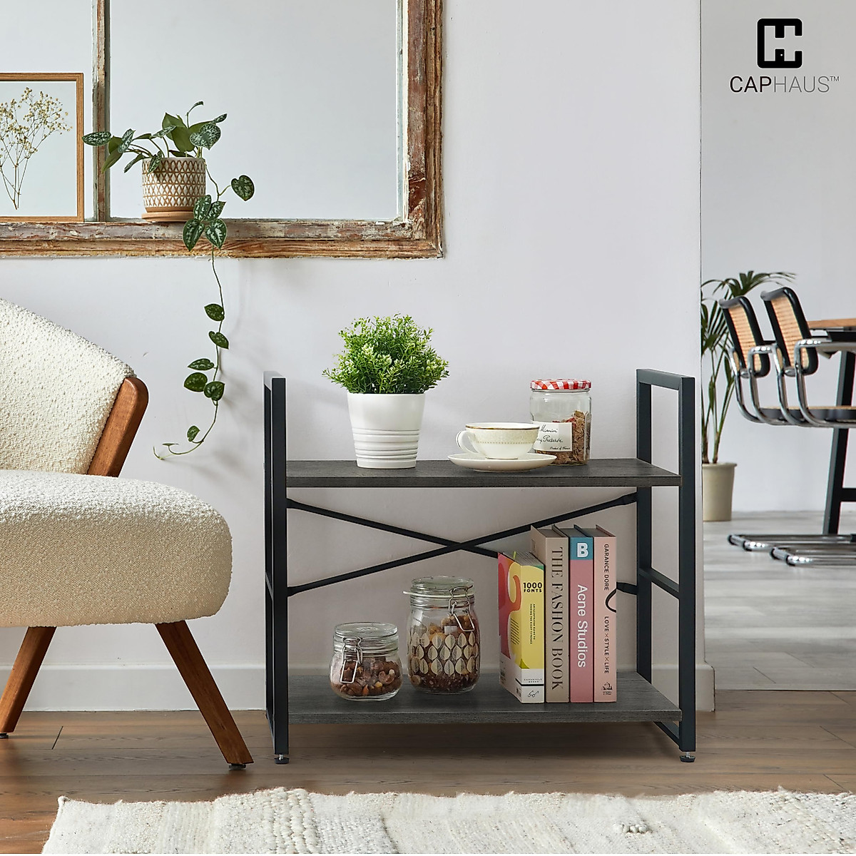 CAPHAUS 2 Tier Small Bookshelf, 24 Inch Width Free Standing Shelf, Bookcase Shelf Storage Organizer, Industrial Book Shelves for Home Office, Living Room, Dark Grey Shelves & Metal Frame