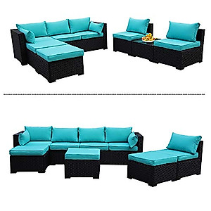 Outdoor PE Black Rattan Furniture Conversation Backyard Lawn Set 6 Piece Patio Loveseat Wicker Sectional Chairs with Removable Cushion and Multi-Purpose Tempered Glass Top Table (Turquoise)