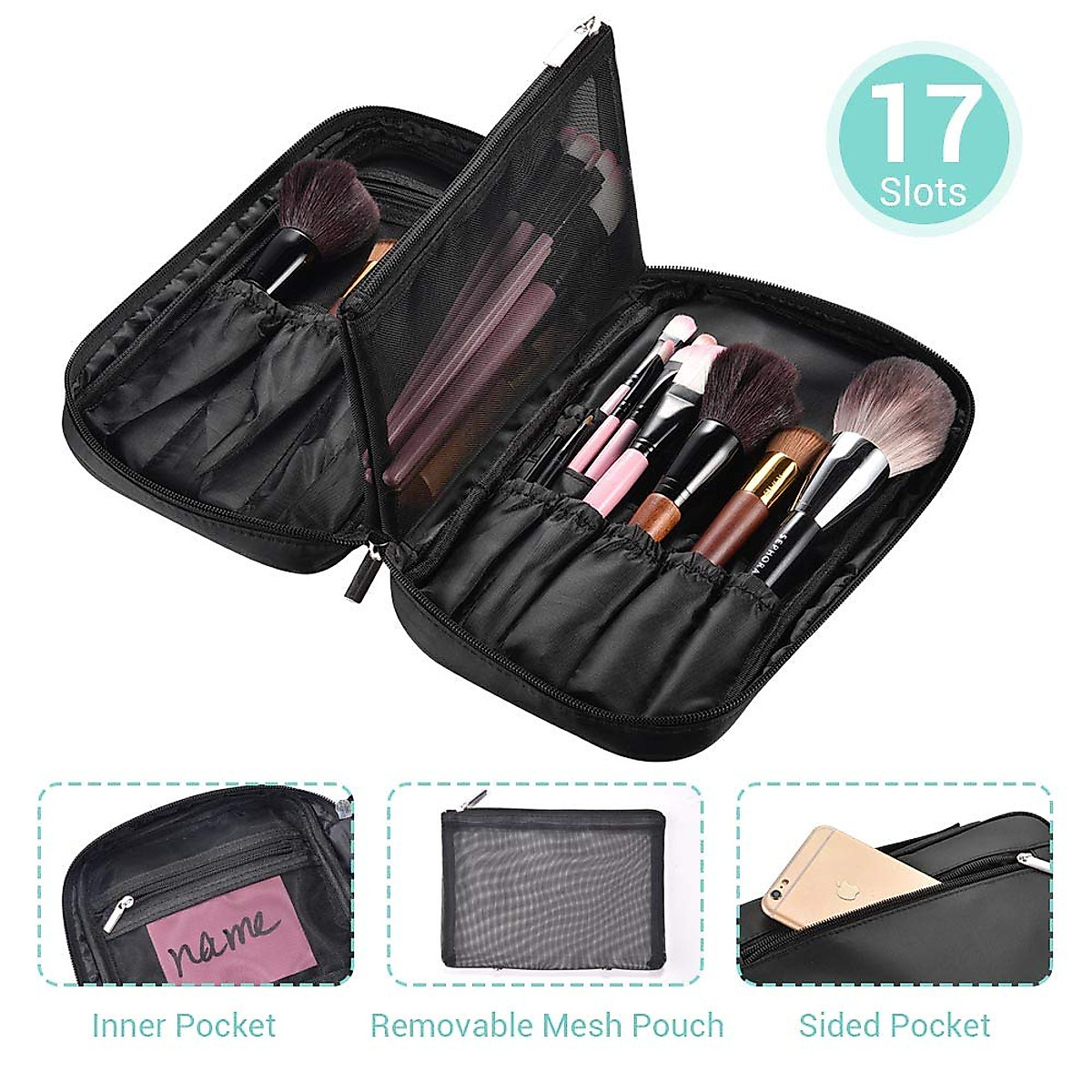 BYOOTIQUE Makeup Brush Bag Organizer Portable Multi Brush Holder Makeup Hand Bag Cosmetic Organizer Detachable Pouch Storage Case for Travel Home, Black