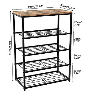 C&AHOME 5 Tier Metal Shoe Rack, 5 Tiers Shoe Rack, Storage Rack with 4 Metal Mesh Shelves and Top Board, Narrow Shoe Organizer for Closet Entryway, Free Standing Shoe Rack, Rustic Brown USRMW05RB
