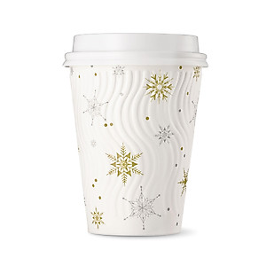 [100 SET]Harvest Pack 12 oz Christmas Coffee Cups, White Snowflake Winter Disposable Paper Cups, Insulated Ripple Wall Paper Cups with Lids, XMAS Gold and Silver Foil, Hot Chocolate To go