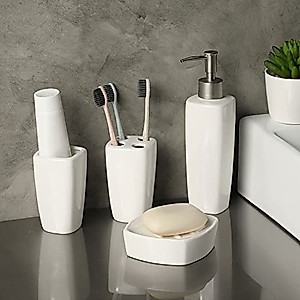 MyGift 4 Piece Ceramic White Bathroom Accessory Set with Soap Dispenser Pump, Toothbrush Holder, Tumbler and Soap Dish