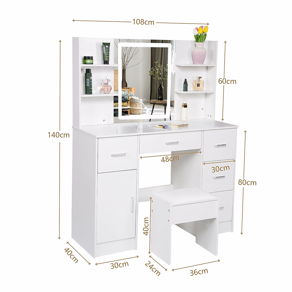 Caulitar Vanity Desk with Mirror and Lights-3 Color and Brightness Adjustable, Vanity Set with Drawers and Chair, White Makeup Vanity Table for Girls