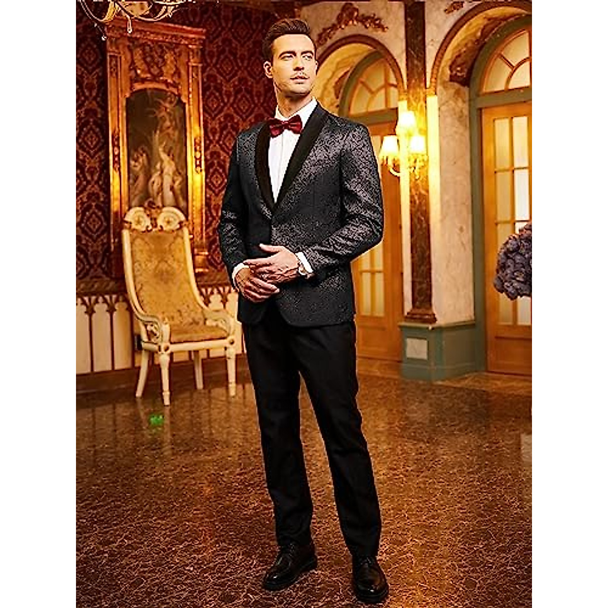 COOFANDY Mens Floral Tuxedo Jacket Dinner Jackets Blazers Paisley Shawl Lapel Formal Suit Jacket Slim Fit for Christmas Prom Party Silver