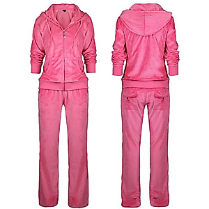 LeeHanTon Jogging Suits Sets for Women Warm Up Velour 2 Pieces Hoodie and Pants Zip Up Sweatsuits Coral 2XL