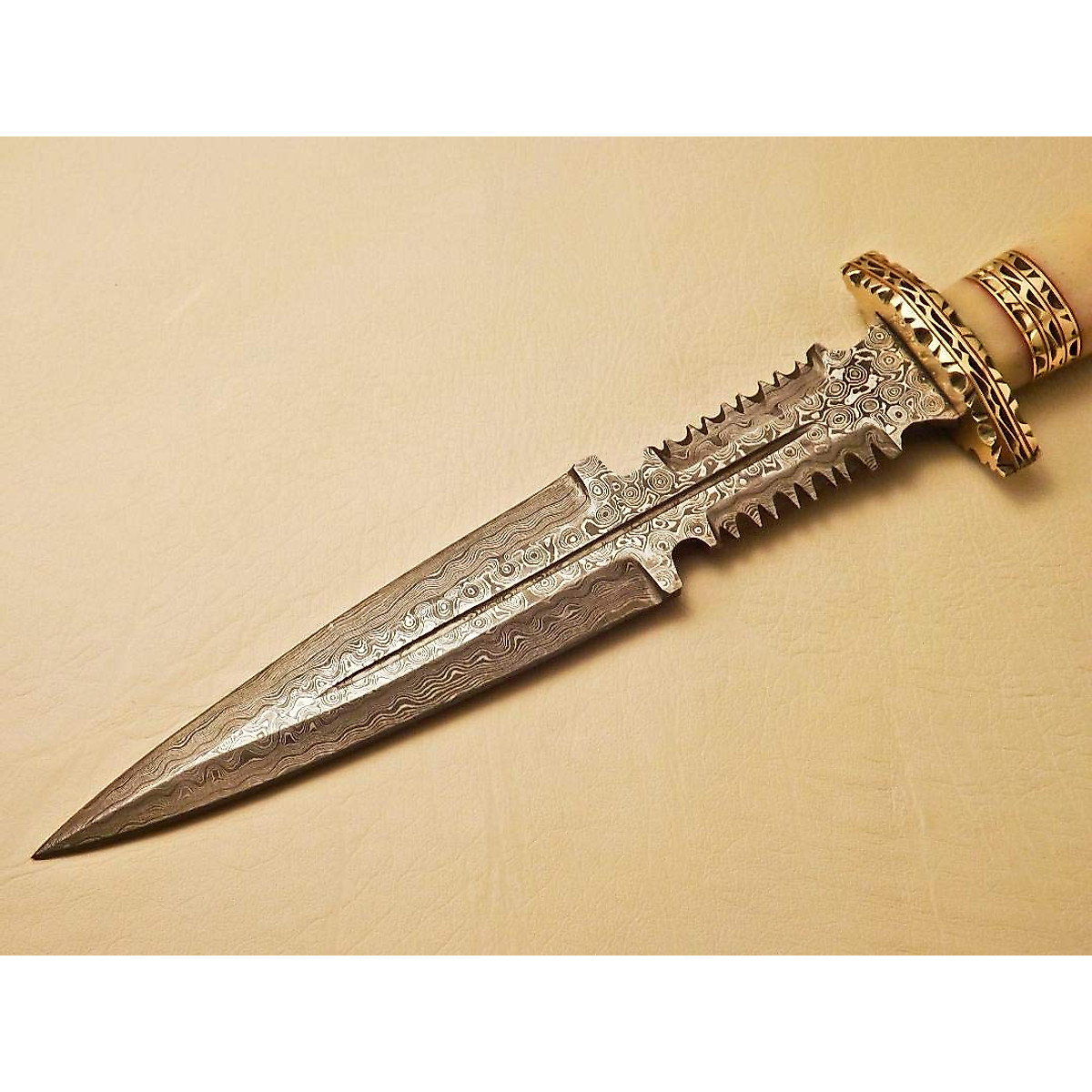 Skokie Knives Handmade Damascus Steel Dagger Knife - :Original Camel Bone Handle - with Brass Spacer and Red Fiber Sheet