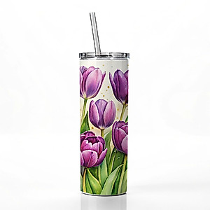 Purple Tulips Flowers Watercolor Skinny Tumbler 20oz with Straw Insulated Water Bottle Gift