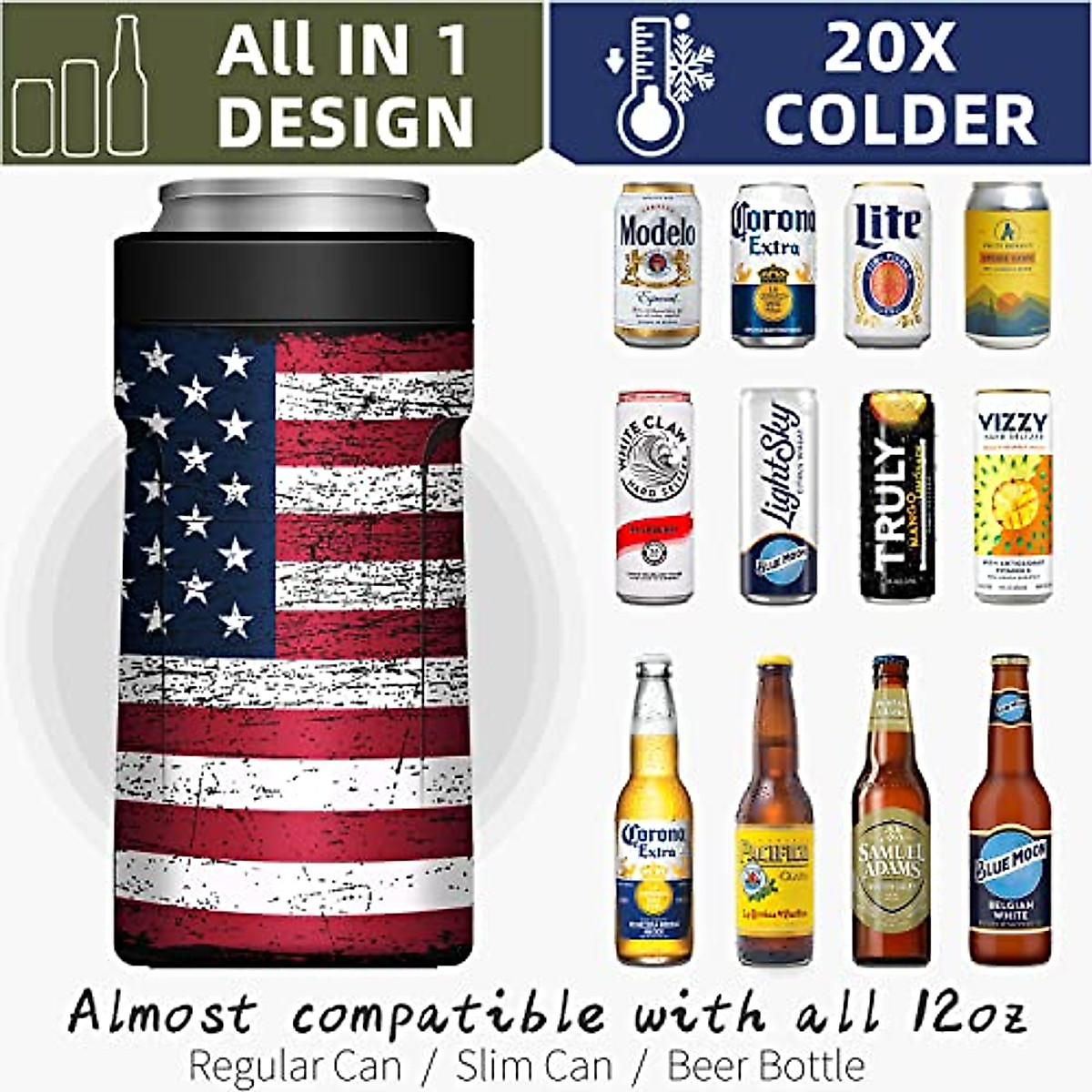 4-IN-1 Insulated Can Cooler with Lid - Newest Signice 12 Oz Stainless Steel Can Cooler Double Walled Vacuum Insulator for Skinny Tall Slim Can / Standard Regular Can / Beer Bottle (Flag)