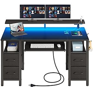 Seventable Computer Desk 47.2" with LED Lights & Power Outlets, Home Office Desk with 4 Drawers, Writing Desk with Keyboard Tray, Study Desk with Monitor Stand, Work Desk for Home Office, Black