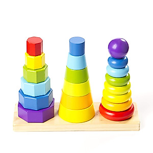Fat Brain Toys GeoPeg Stacking Tower - Wooden Fine-Motor Learning Toy for Toddlers