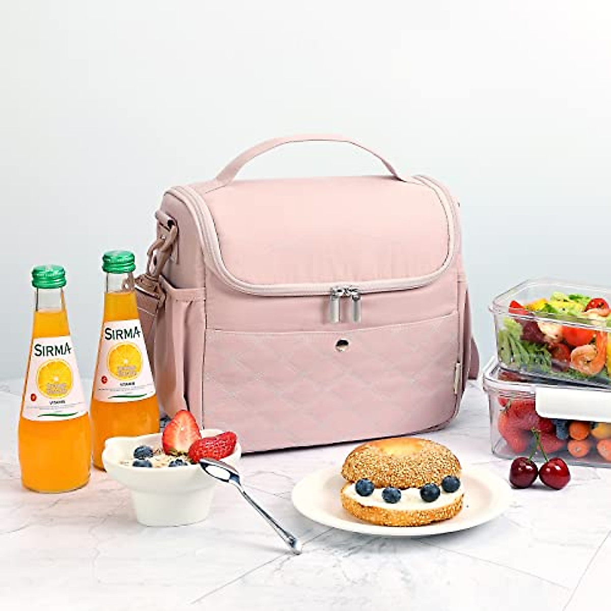 FINDCOZY Lunch Bag, Portable Lunch Box for Women with Adjustable Shoulder Strap, Pink