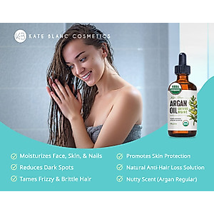 Kate Blanc Cosmetics Argan Oil for Hair, Face & Skin from Morocco. Promotes Hair Growth (4oz, USDA Certified Organic, Cold Pressed & 100% Pure)