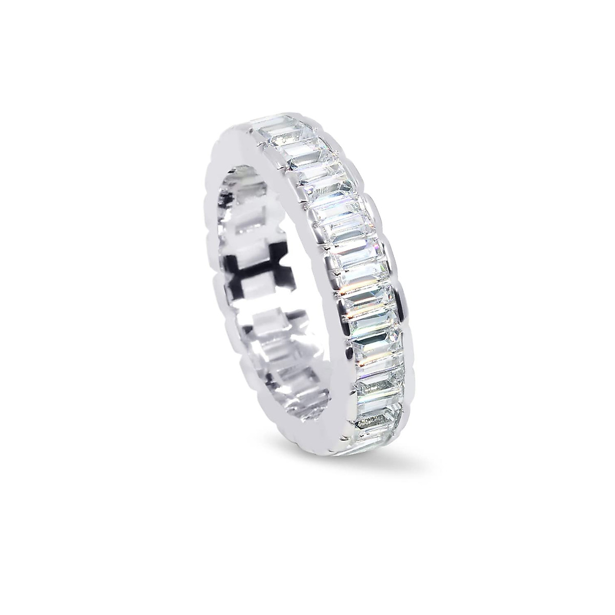 Savlano 18K White Gold Plated Cubic Zirconia Emerald Cut Eternity Ring Band for Women Men (8)