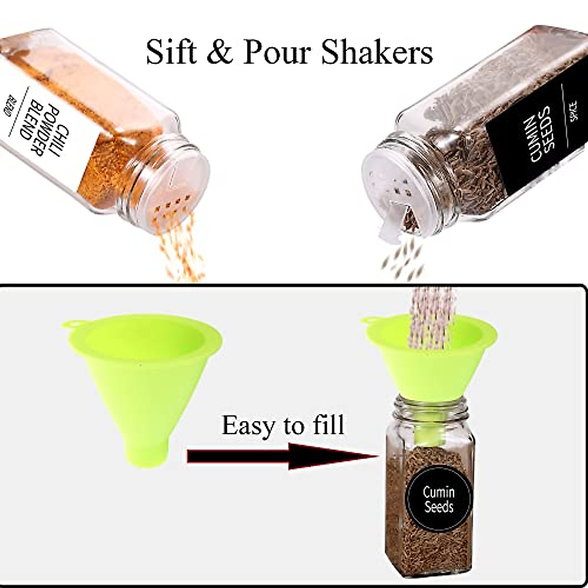 SWOMMOLY 36 Glass Spice Jars with Labels,4 oz Empty Square Spice Jars with Bamboo Lids,5 Different Types of Spice Labels Sets, Spice Bottles with Shaker Lids