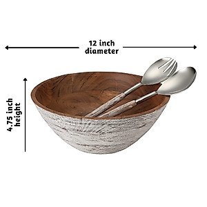 Folkulture Salad Bowl or Wooden Bowls with Matching Servers, Wooden Salad Bowl or Large Bowl in 3 Colors, 12" D x 5" H, Acacia Wood, Wood Bowl or Large Bowl, Wooden Salad Bowl Set, Whitewash