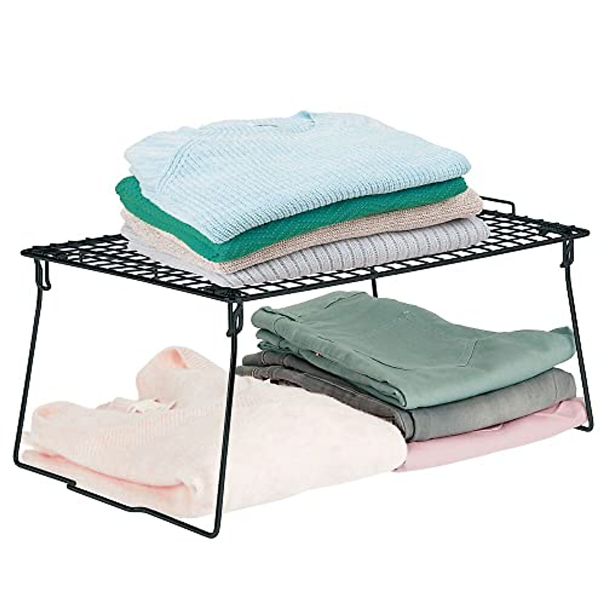 mDesign Metal Stackable Storage Shelf - Closet, Cabinet, Countertop 2-Tier Raised Organizer - for Bedrooms, Bathrooms, Entryways, Hallways - 17" x 12" x 8", 4 Pack - Black