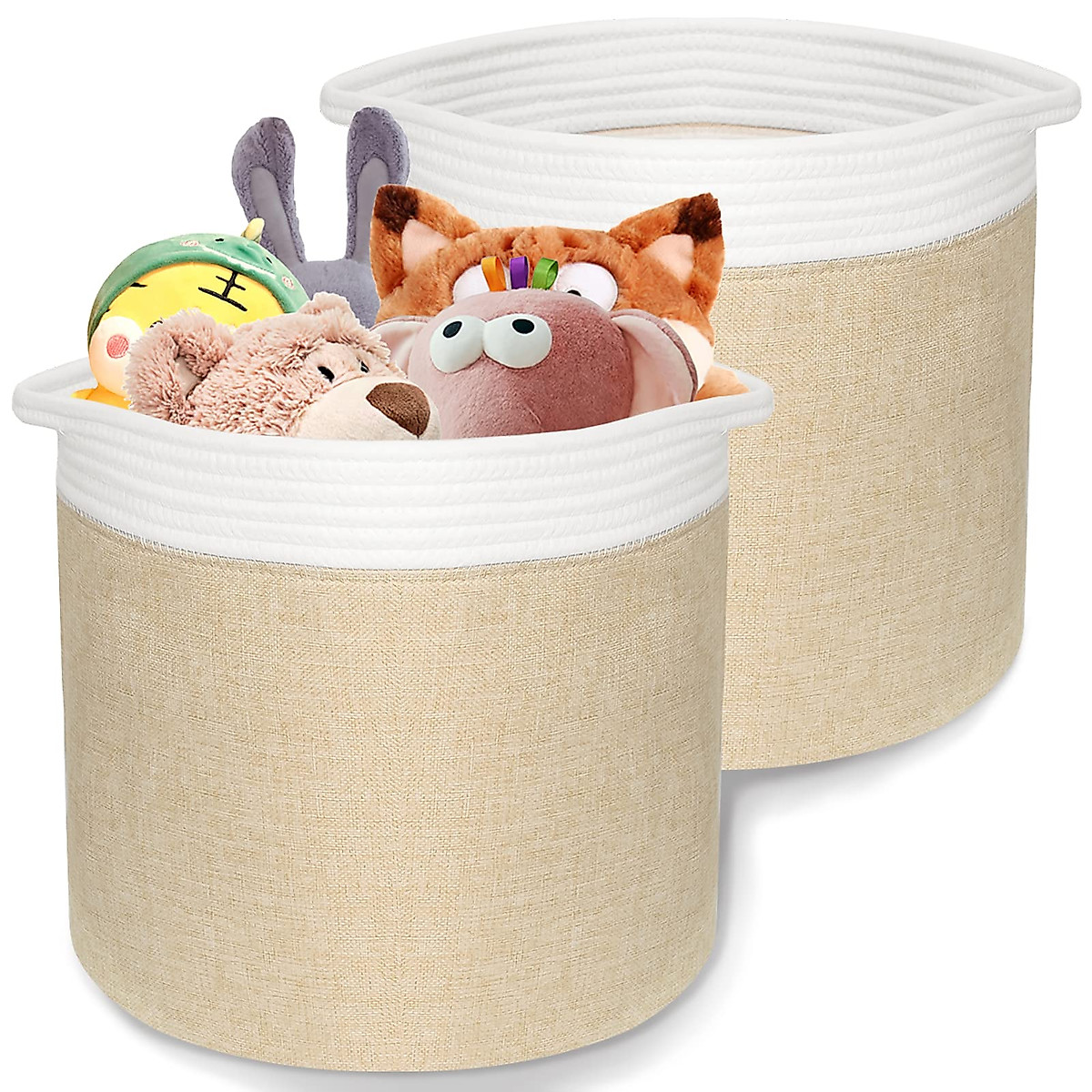 DSVENROLY 2Pcs Cotton Rope Storage Basket, 13.4" x 11.8" Linen Woven Baby Laundry Basket Blanket Baskets with Handles, Toy Nursery Storage Baskets Bin for Blankets Towels Pillows (Khaki)