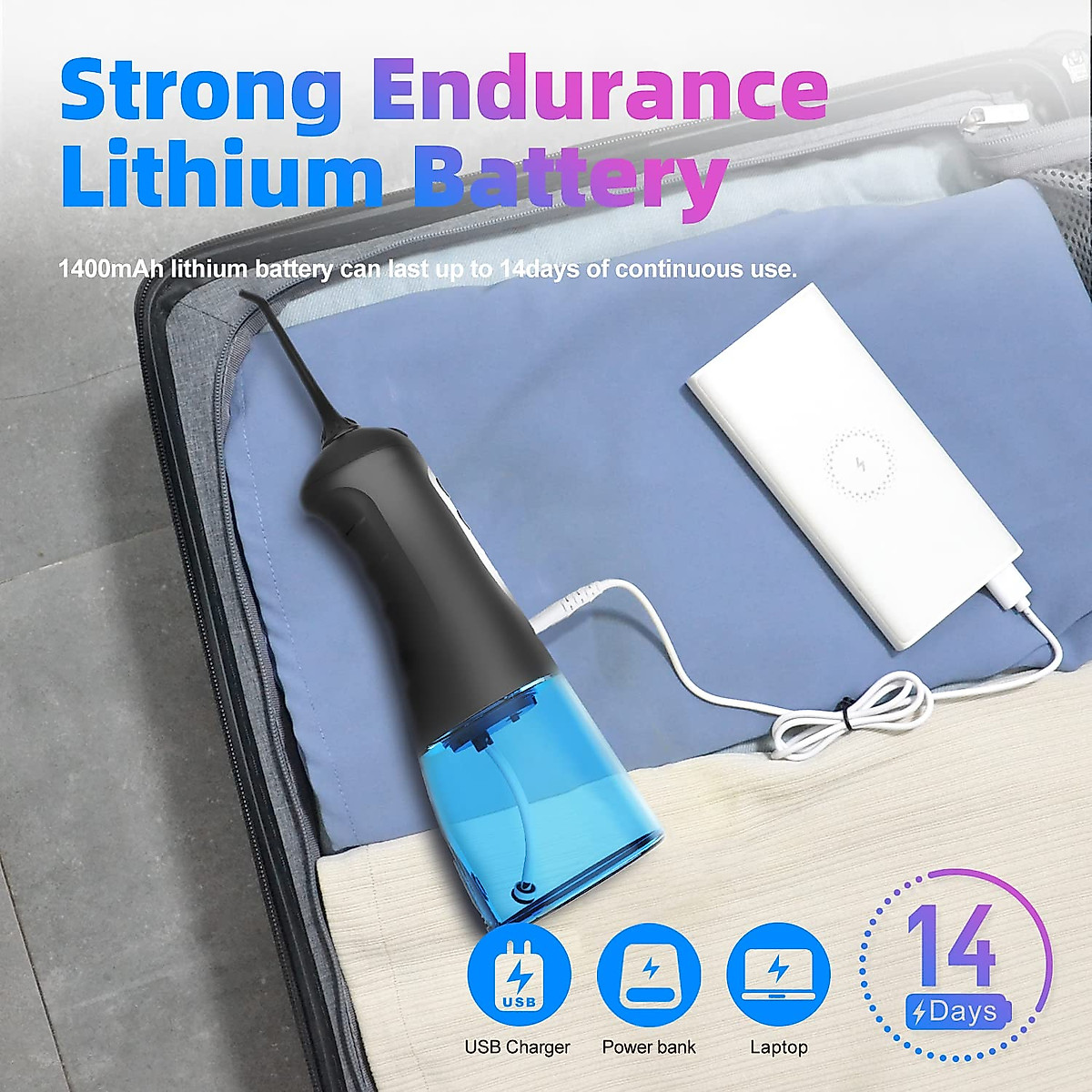 Cordless Water Flosser Teeth Cleaner, Nicefeel 300ML Portable and Rechargeable Oral Irrigator for Travel, IPX7 Waterproof, 3-Mode Water Flossing with 4 Jet Tips for Family