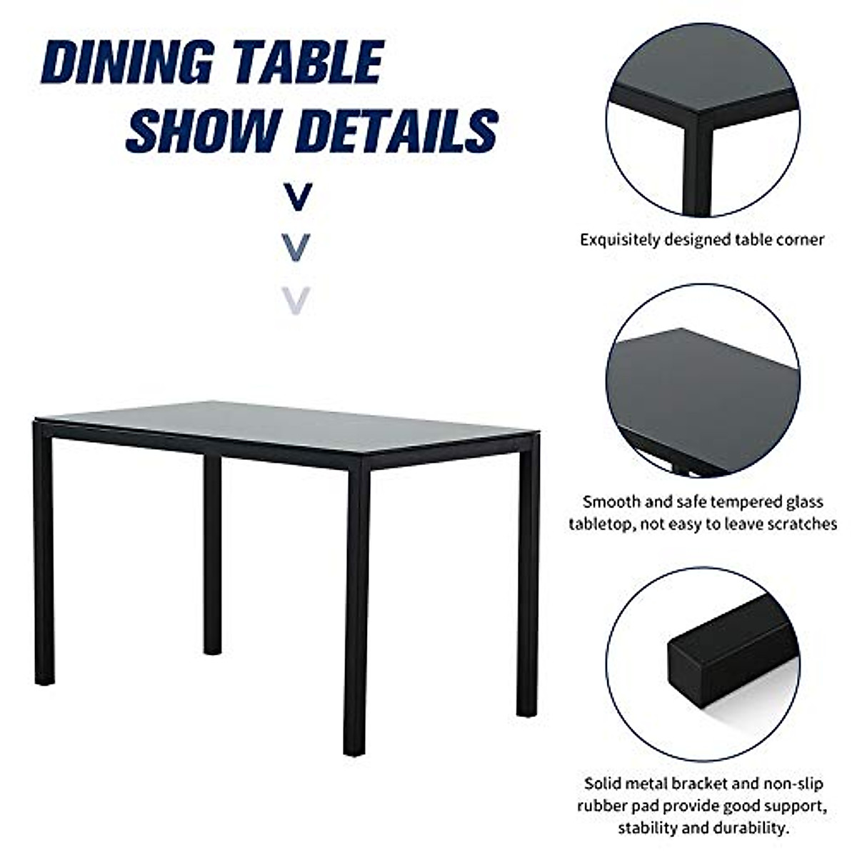 Black Glass Dining Table, Tempered Glass Top Table Metal Legs Rectangular for Small Kitchen Dining Room Living Room 4 People