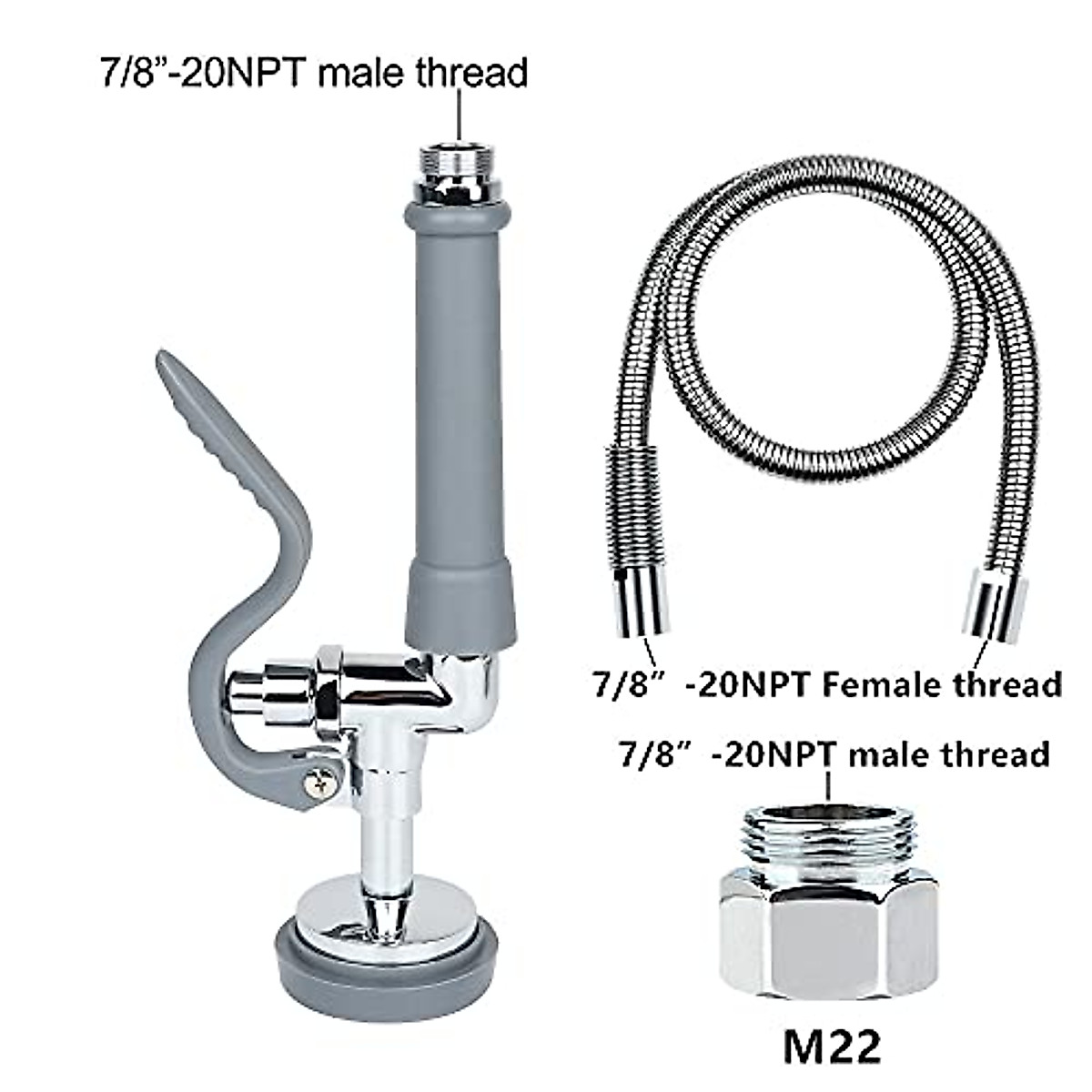 KWODE Pre Rinse Hose with Sprayer Valve 44 Inch Hose with Sprayer Head Replacement Kit Commercial Sink Sprayer Hose for Kitchen Sink Faucet (Free Brass Adapter to Connect Add-on Swivel Spout)