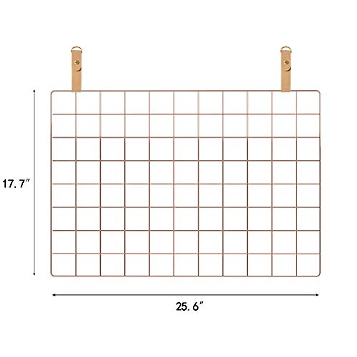 FRIADE Rose Gold Metal Wire Wall Grid Panel for Photo Display,Display Ledge,Wall Organizer for Living Room,Bedroom，10 Metal Clips&2 Leather Straps&3 Nails Offered,Set of 1 (Rose Gold:25.5”x17.7”)