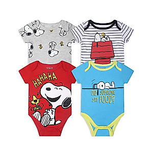 Peanuts Snoopy Boys 4 Pack Short Sleeve Bodysuit for Newborn and Infant