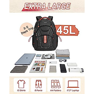 BAGSMART Large Travel Backpack for Women Men,Laptop Backpack Flight Approved Carry On Computer Bag Fits 17 Inch Laptop,Water Resistant Outdoor Backpack for Hiking Business,Black
