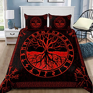 WDBAYXH Nordic Tree of Life 3 Piece Bedding Set, Viking 3D Print Duvet Cover with Pillowcases, Scandinavian Folklore Motifs Bedroom Home Textiles,Red,Queen