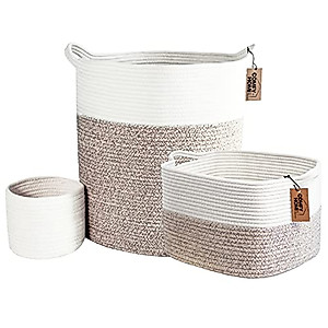 13.5"x11"x 9.5"square woven Rope Basket Bundle with Blanket Baskets 18''x16''Cotton Rope Laundry Hamper Baby Nursery Storage Organizer for Shelves Toys, Nursey Cube Bin, Decorative Storage Organizer
