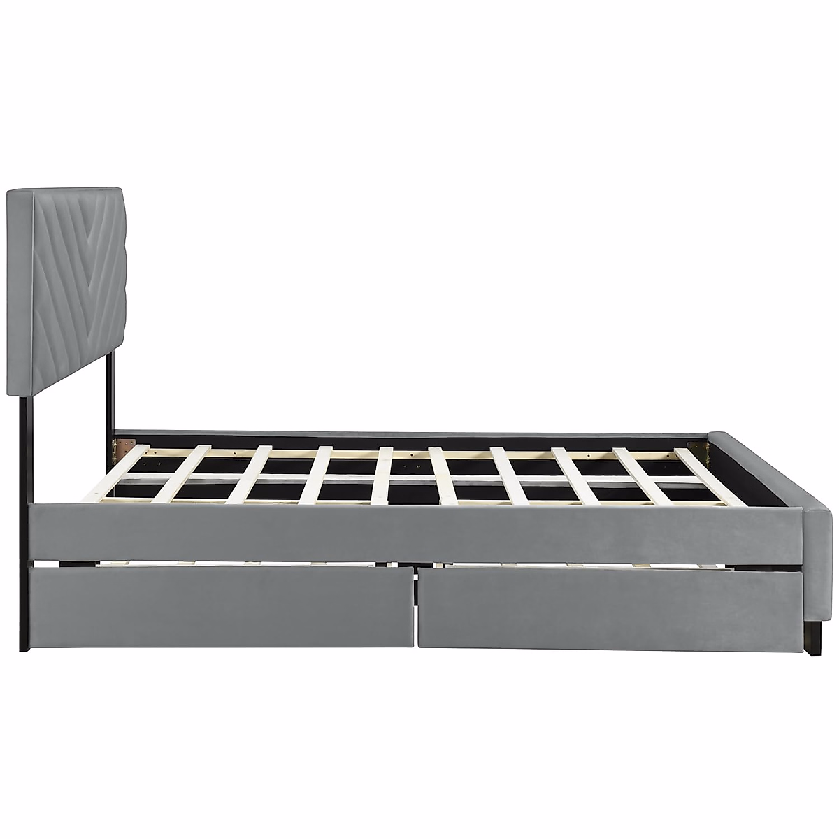 Linique Queen Size Upholstered Platform Bed with Headboard, Trundle and 2 Storage Drawers, Wooden Bed Frame, Grey