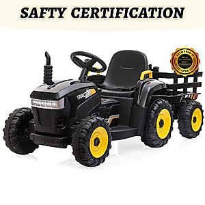 TOBBI Kids Electric Ride On Toy Tractor, 12v Battery-Powered 4 Wheels Ride On Car with Trailer for Toddlers 3-6 Years-Black
