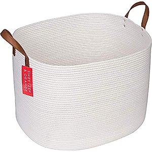 Sweetzer & Orange Extra Large Woven Cotton Rope Storage Basket – 23”x20.5”x15.5” w/Vegan Handles - Blanket Storage Baskets, Laundry and Toy Storage, Nursery Hamper - Off White XXL for Living Room