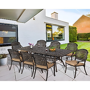 TITIMO 9-Piece Cast Aluminum Patio Furniture Set, Outdoor Dining Set Bistro Conversation Set, 8 Chairs and Rectangle Dining Table with Cushions and Umbrella Hole (8 Stackable Chairs)