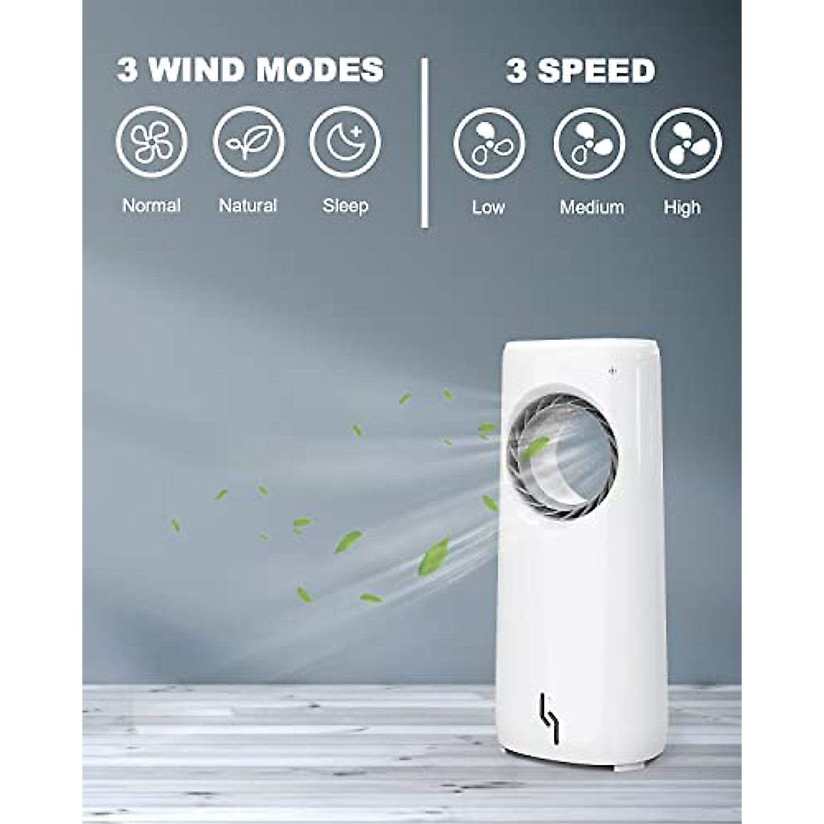 Evaporative Air Cooler Portable 3 Modes, Cooling Fan Humidification with Remote Control Bladeless Tower Fan 3 Wind Speeds, 60° Oscillation, 7.5H Timer, for Bedroom Living Rooms Office