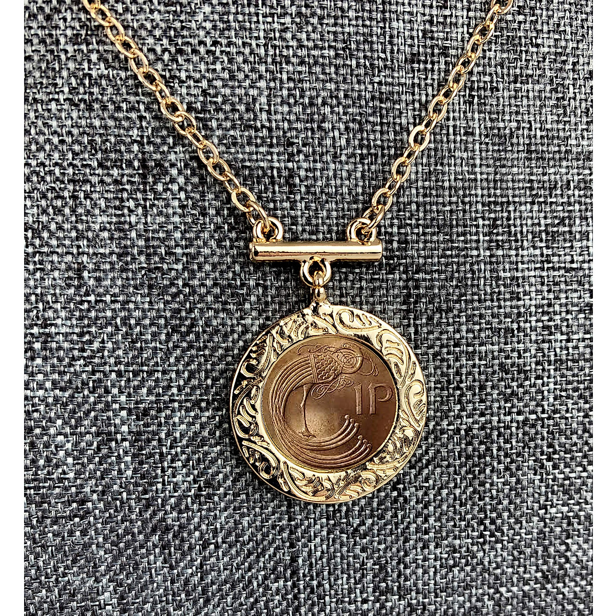 American Coin Treasures Irish Penny Coin Pendant Bar Necklace | Goldtone Flat Cable | 18 Inch 3 Inch Extender with Lobster Claw Clasp | Certificate of Authenticity