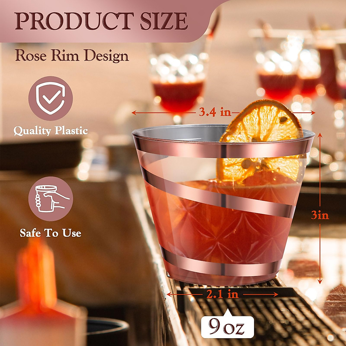 Gejoy 9 oz Rimmed Swirl Plastic Cups Disposable Wine Drinking Cups Clear Elegant Wedding Tumblers for Engagement Single Party Supplies(Rose Gold)