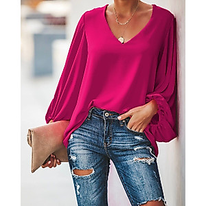 Qearal V Neck Shirts Spring Women's Chiffon Blouse Dressy Shirts Flowy Hot Pink S