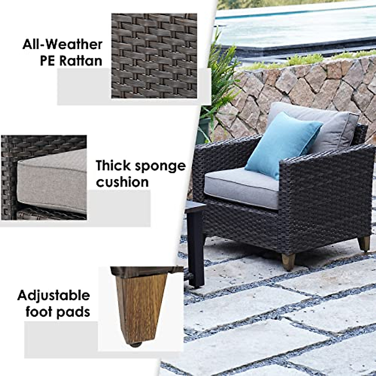 Grand patio Outdoor Furniture, Patio Wicker Sectional Sofa Modular Furniture Set Single Sofa with Thick Cushions and Steel Frame for Deck Porch Poolside Garden (Single Sofa)