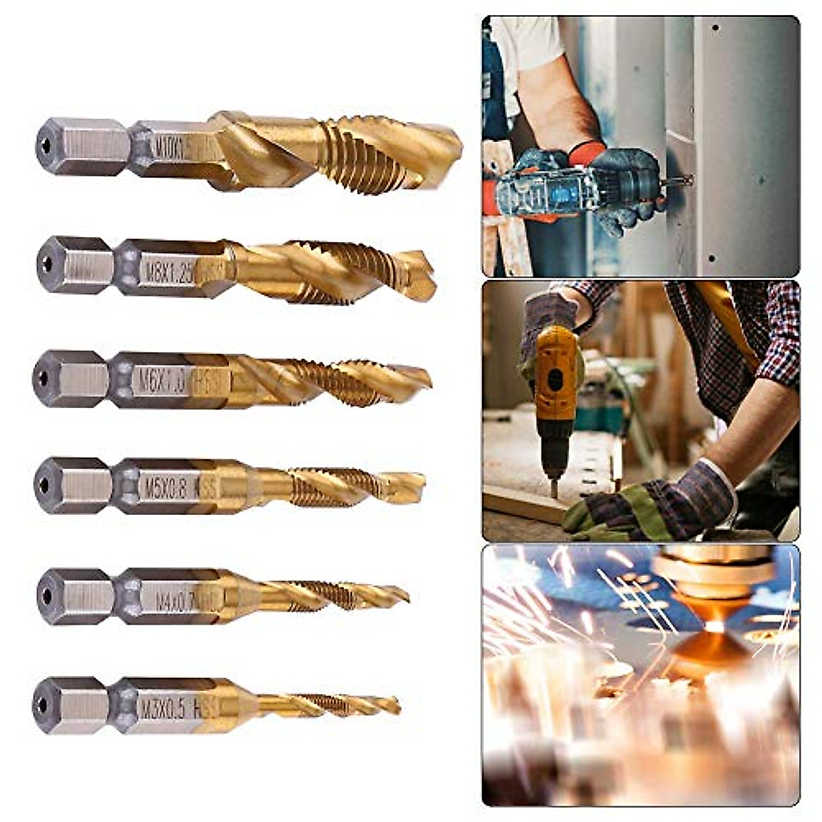 6pcs Tap Drill Bits Set, HSS M3-M10 Coated Combination 1/4" Hex Shank Screw Thread Metric Tap Drill