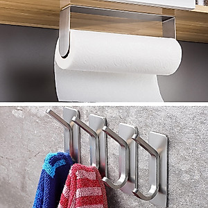 YIGII Towel Hooks + Paper Towel Holder Under Cabinet - Self Adhesive for Kitchen,SUS-304 Stainless Steel Brushed