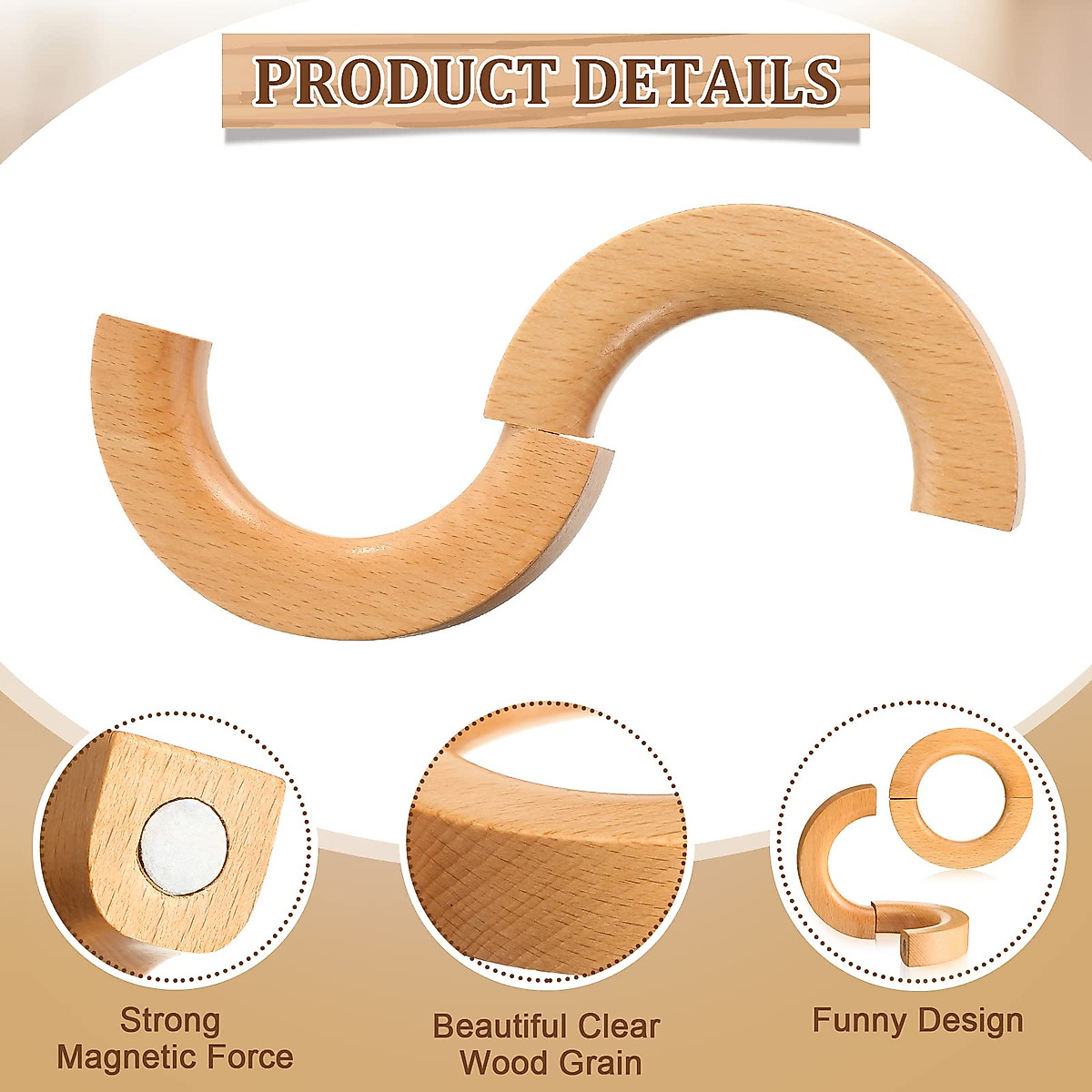 4 Pcs Magnetic Wooden Curtain Tiebacks Holdbacks Modern Decorative Drapes Holders Wooden Curtain Clips Round Boho Tie Backs for Curtains Buckles for Home Room Window Decoration, 2.36 Inch, Burlywood